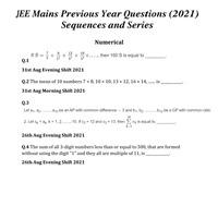 JEE Mains Previous Year Questions (2021): Sequences and Series PDF Download