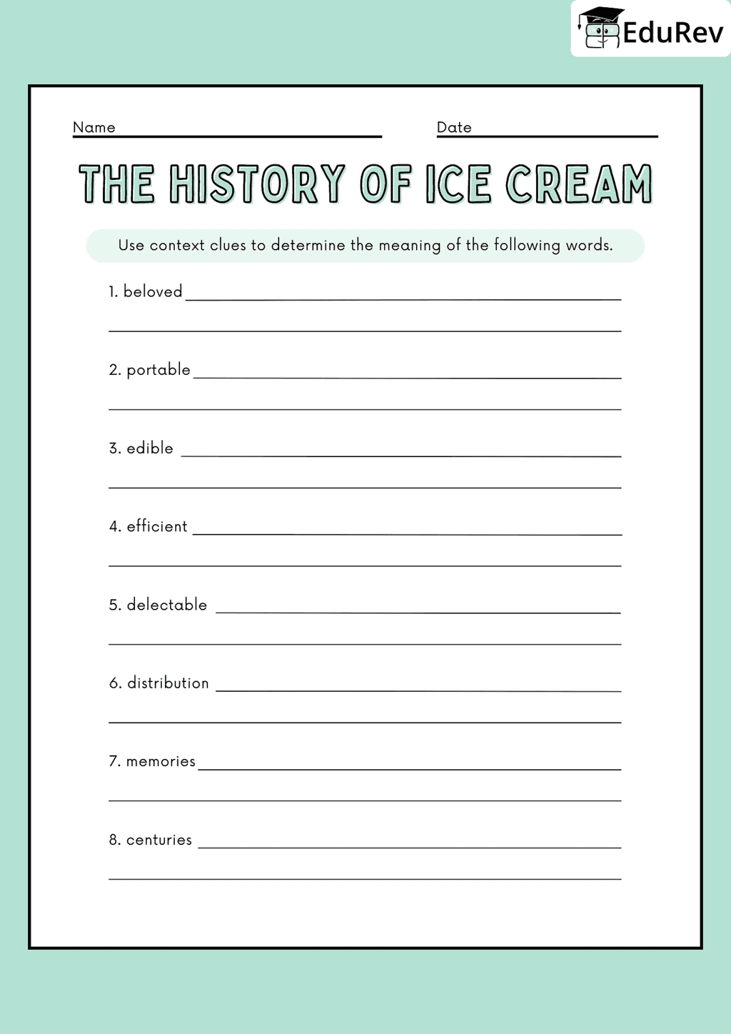 Printable worksheet: Ice Cream - English Grammar Class 5 PDF Download