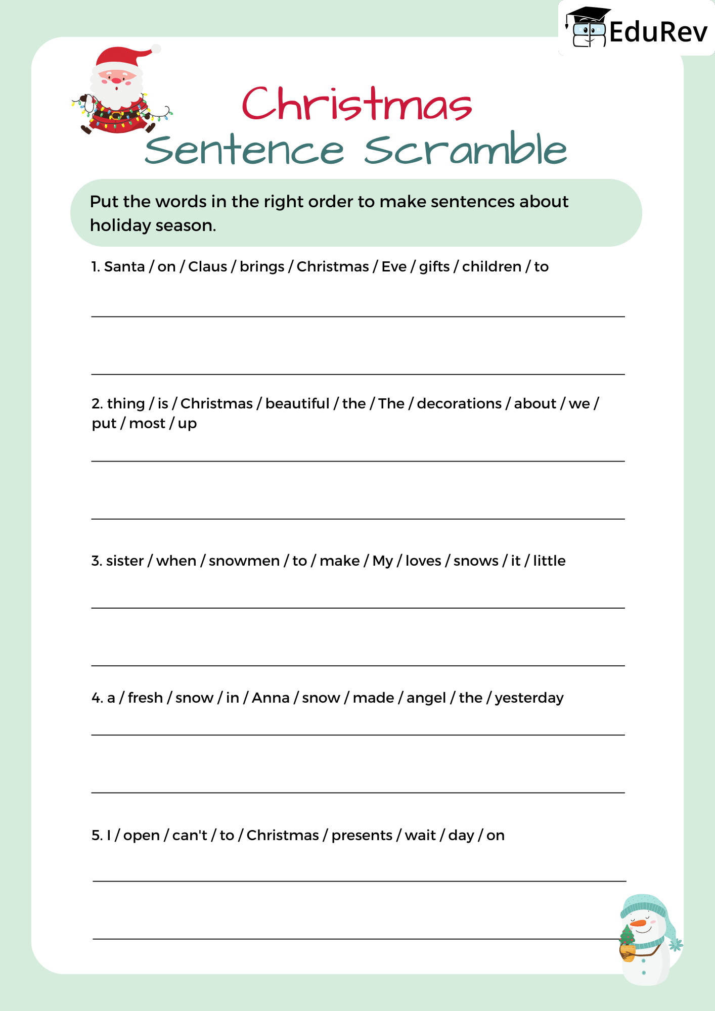 Printable worksheet: Place Sentences in Correct Order - English Grammar ...