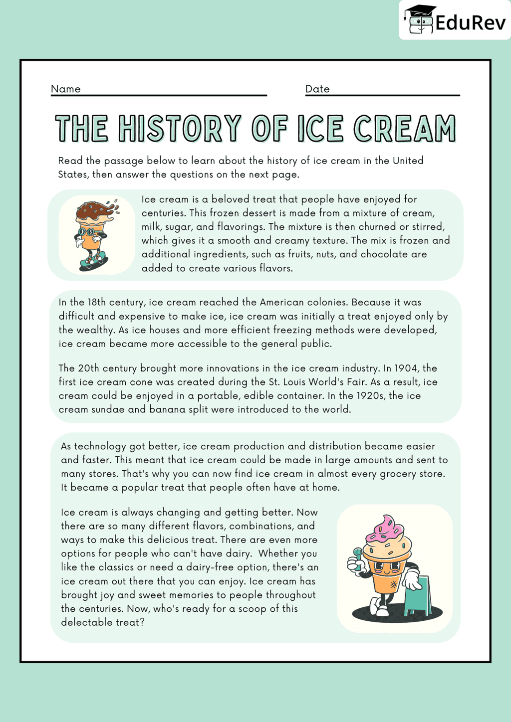 Printable worksheet: Ice Cream - English Grammar Class 5 PDF Download