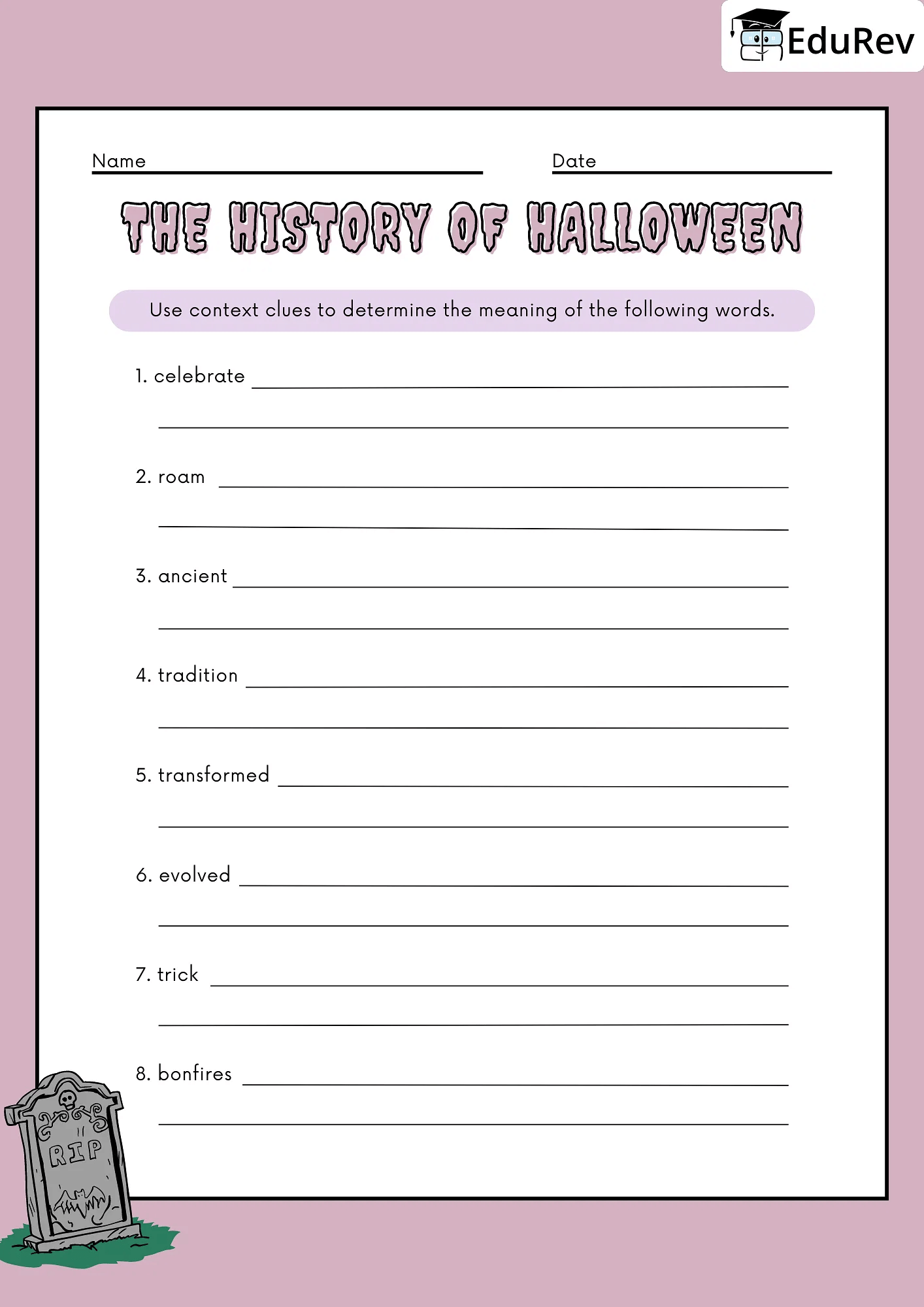 Printable worksheet: Halloween - English Grammar Class 5 PDF Download