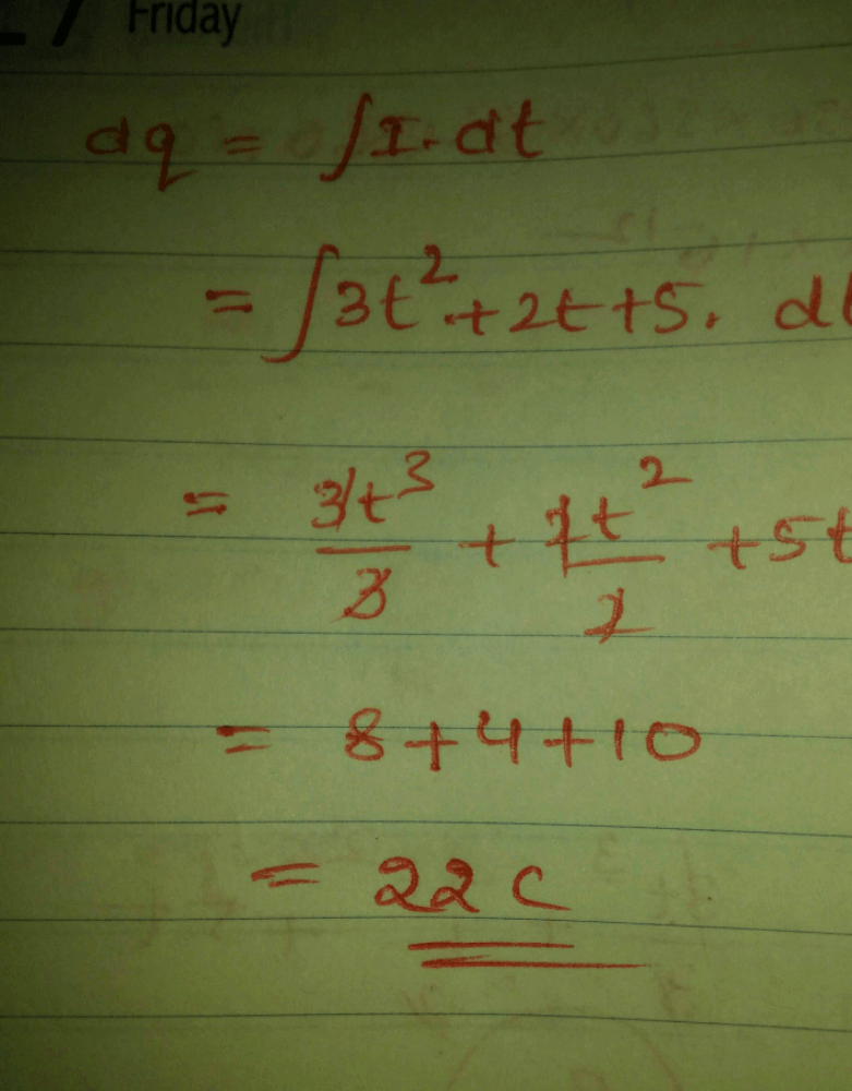 The current flowing through a wire depends on time as I = 3t2 + 2t +5 ...