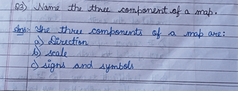Name the three components of a map.? - EduRev Class 6 Question