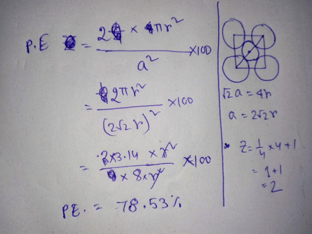 The packing efficiency of 2D square unit cell shown is:a)39.27%b)68.02 ...