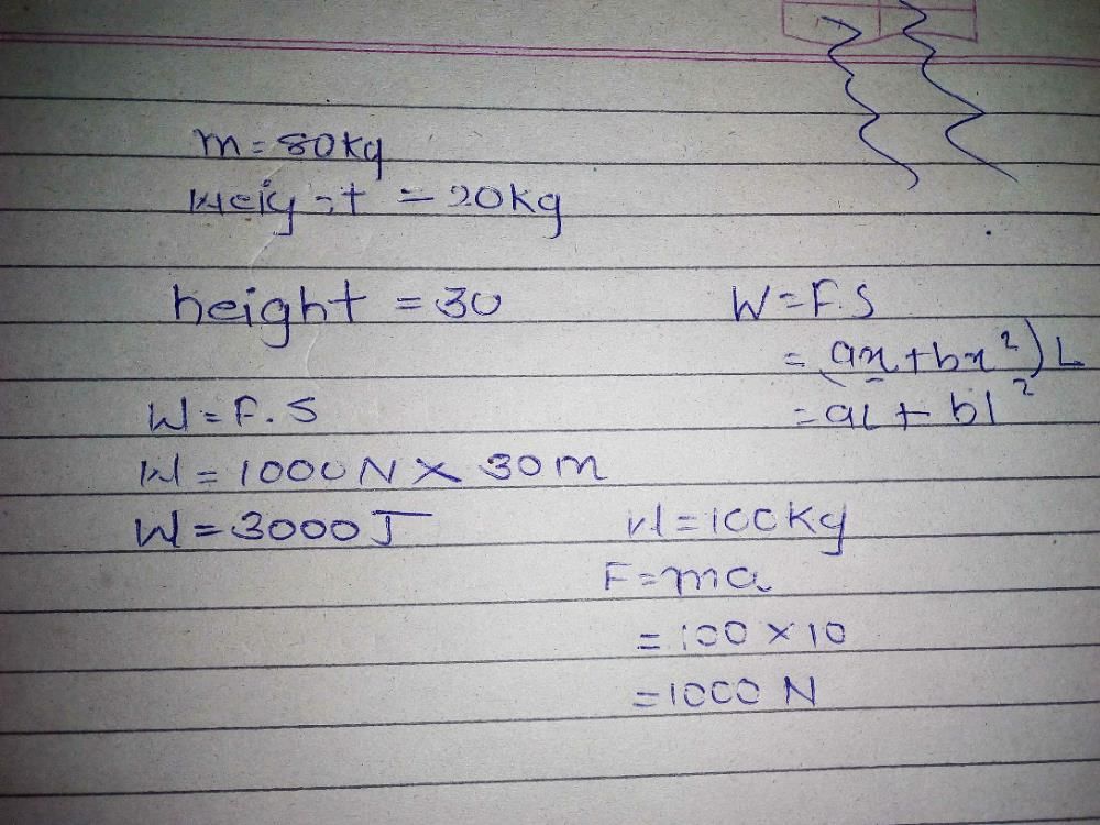 A man 80 kg carries 20 kg load at the top of the building at 30 m ...