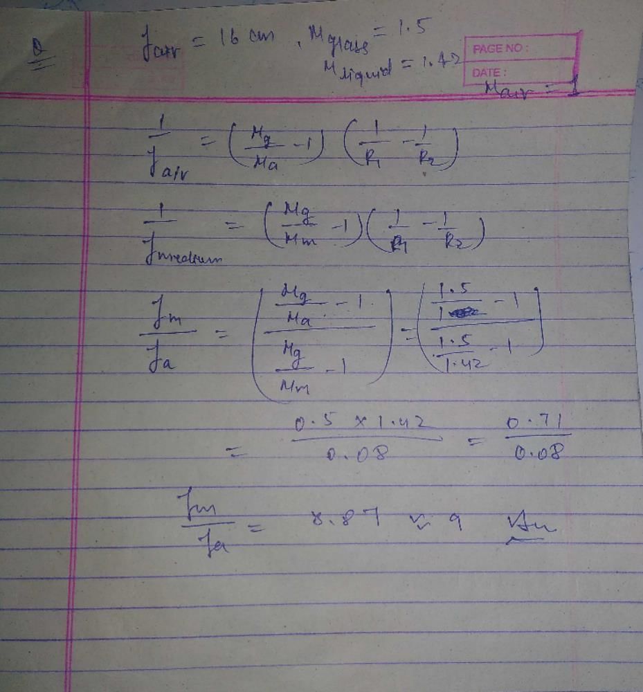 Focal length of convex lens in air is 16 cm (andmu;glass = 1.5). Now ...