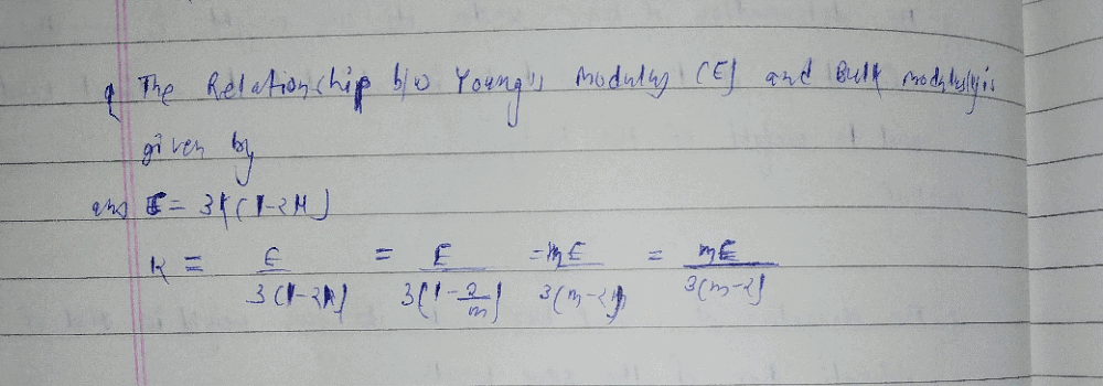 The relation between Youngs modulus (E) and bulk modulus (K) is given ...