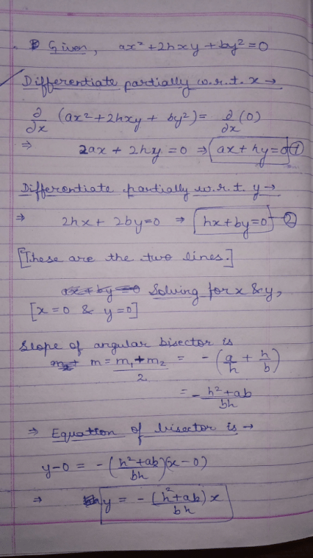 What is the equation of angle bisector of pair of straight lines ax^2 ... What is the equation of angle bisector of pair of straight lines ax^2 ...