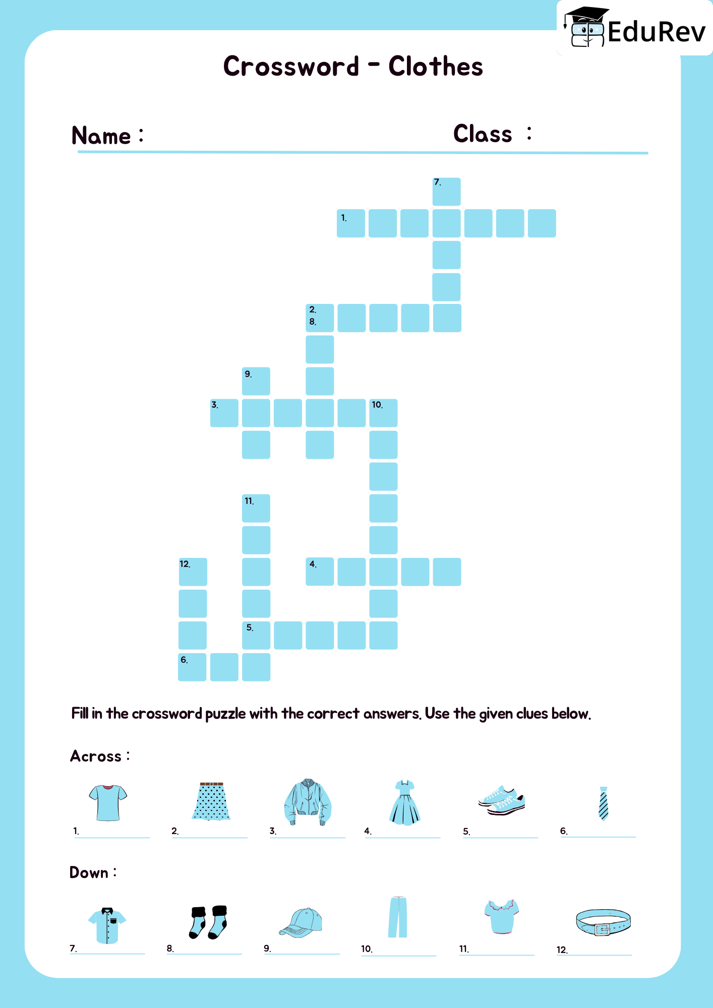 Visual Worksheets - Clothes Crossword - Science for Class 4 PDF Download