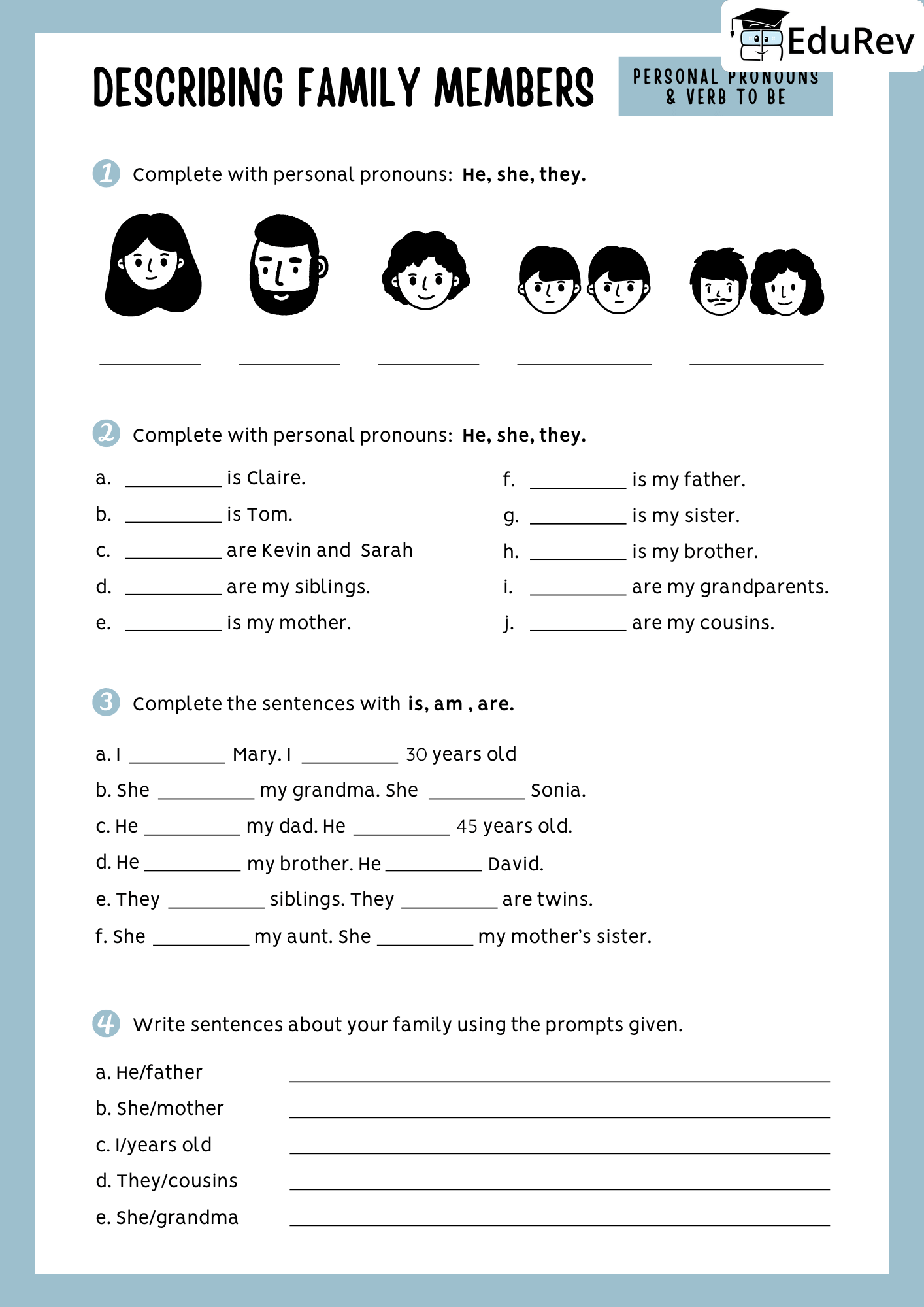 Printable worksheet: Use Pronouns to describe Family - English Grammar ...