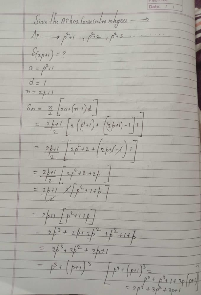 The first term of an A.P. of consecutive integers is p2+ 1. The sum of ...