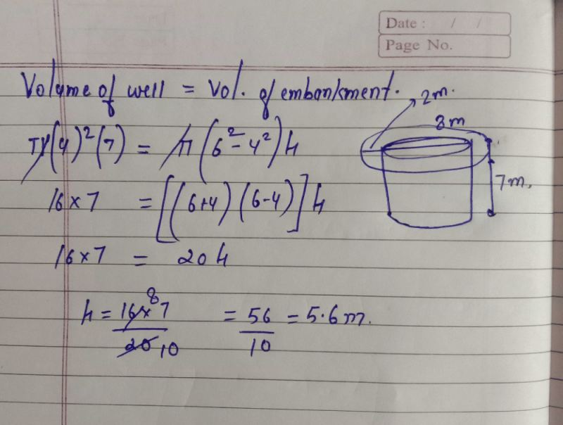 A well with internal diameter 8m is dug 7m deep. The earth taken out of ...