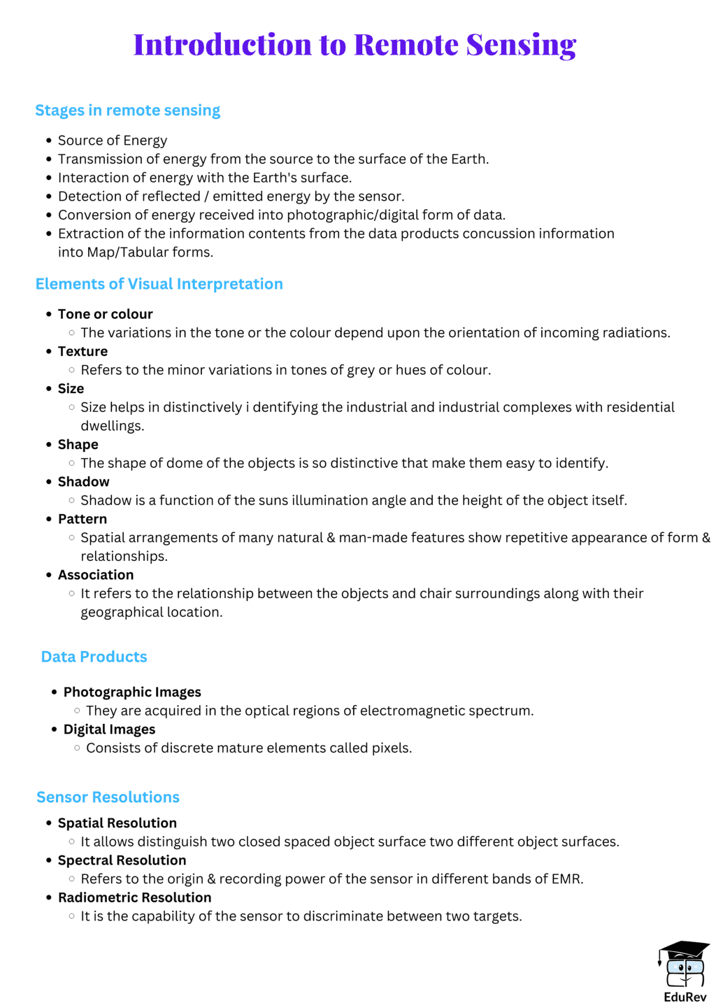 Mind Map: Introduction to Remote Sensing | Geography Class 11 - Humanities/Arts