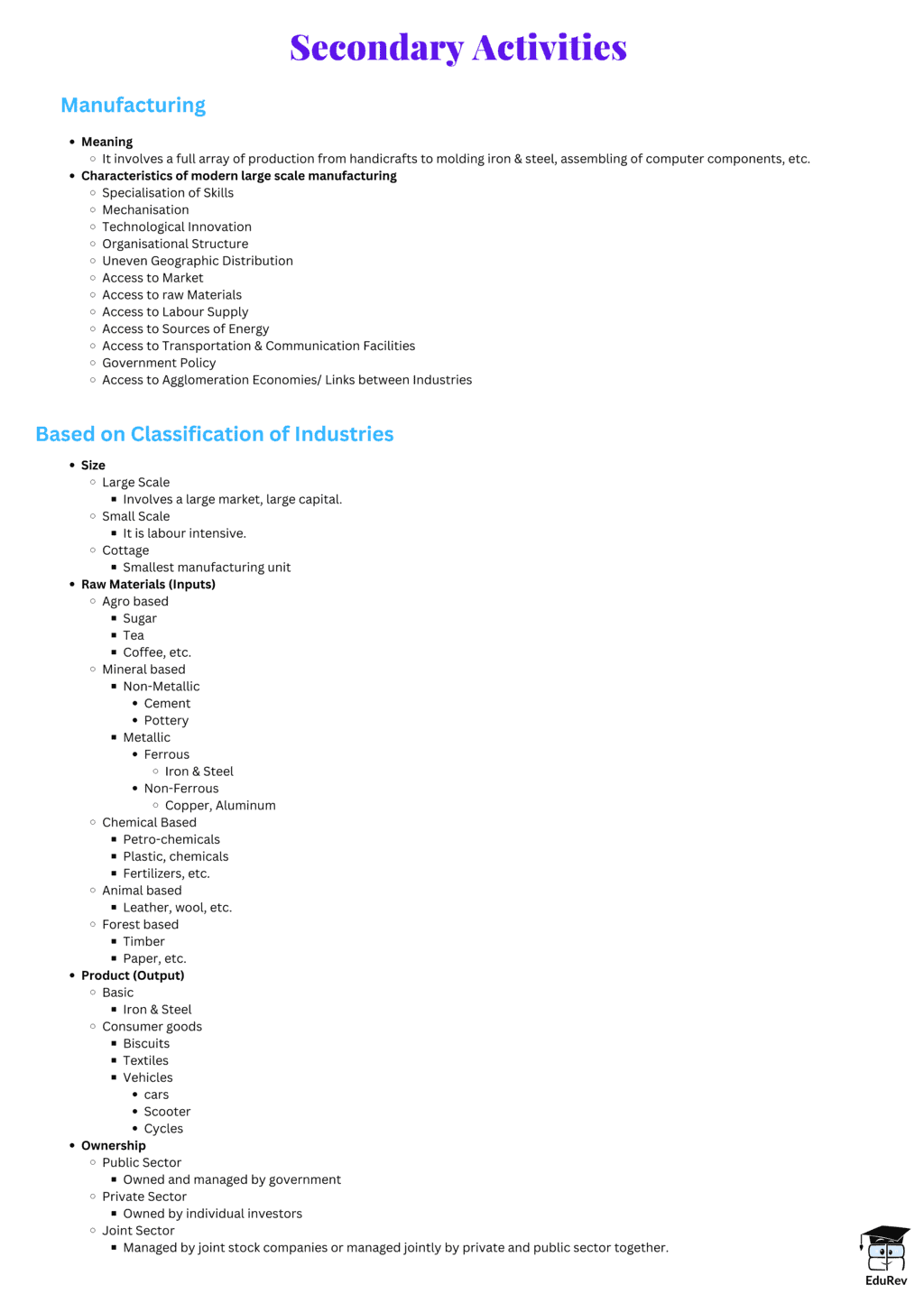 Mind Map: Secondary Activities | Geography Class 12 - Humanities/Arts