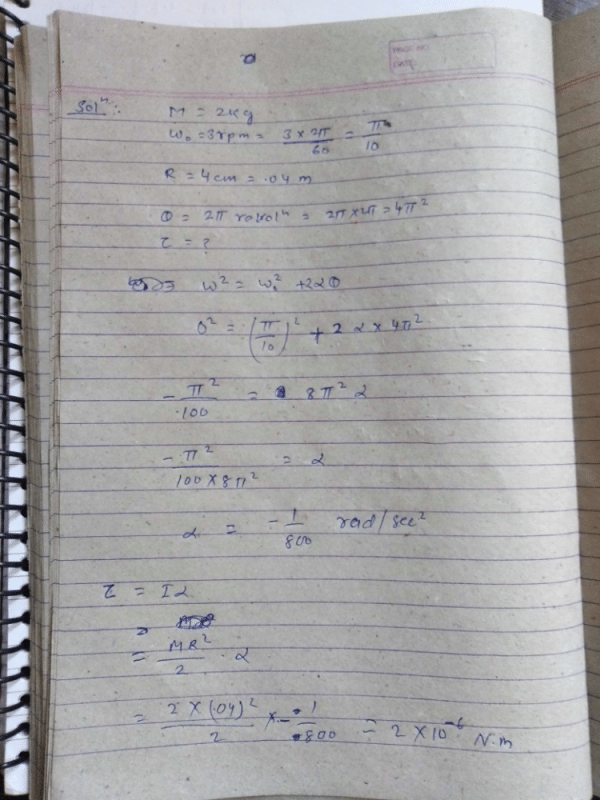 A solid cylinder of mass 2 kg and radius 4 cm is rotating about its ...