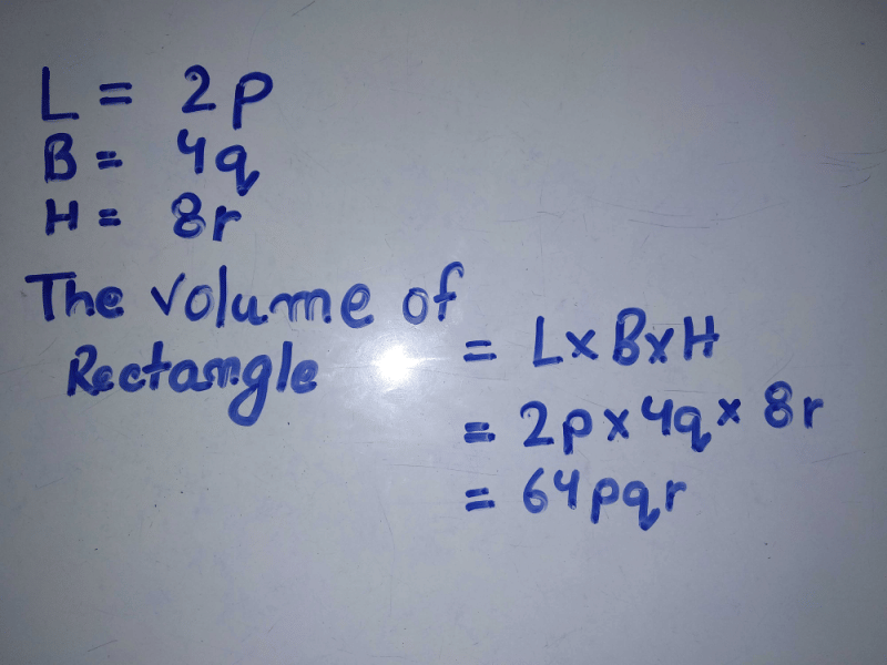 The volume of rectangular box whose length, breadth and height is 2p,4q ...