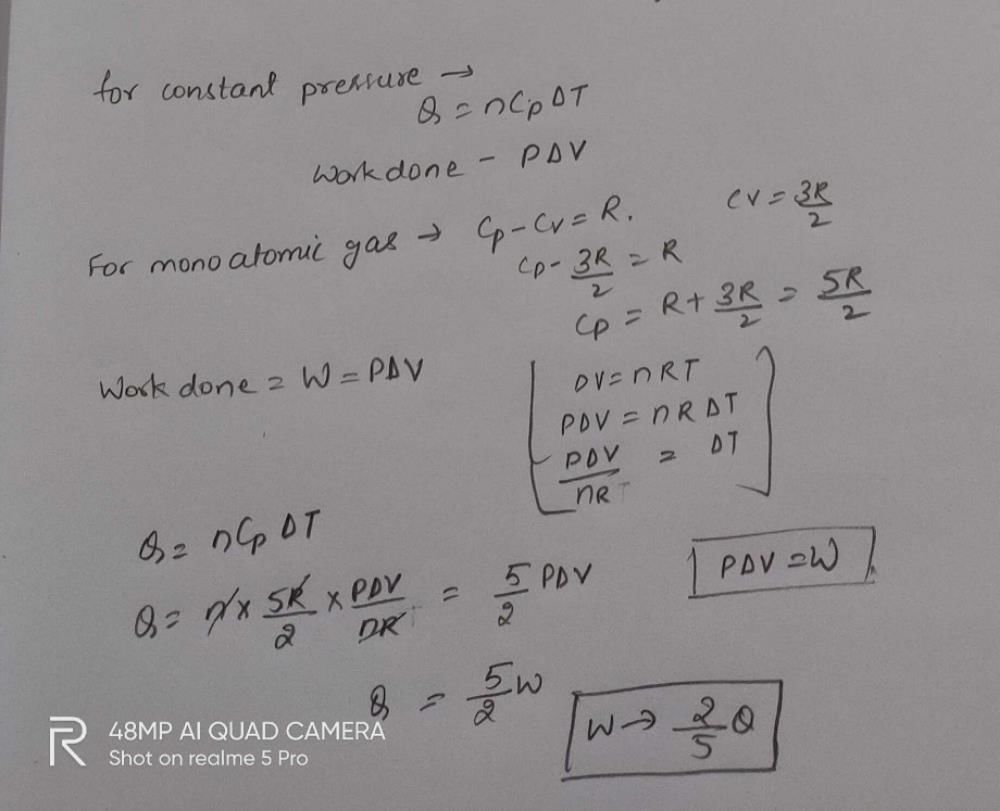 A vessel contains an ideal monoatomic gas which expands at constant ...