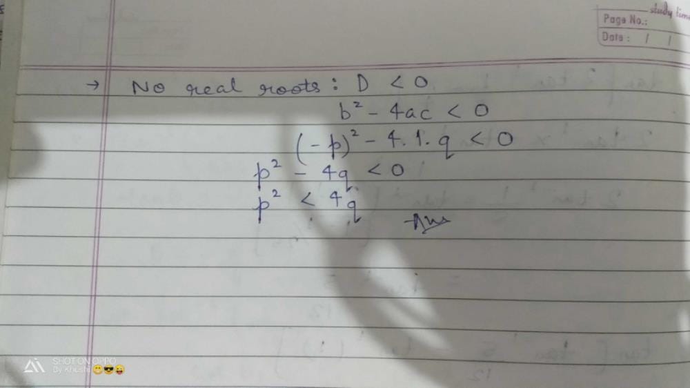 The equation x2andndash; px + q = 0 p, q andepsilon;R has no real roots ...