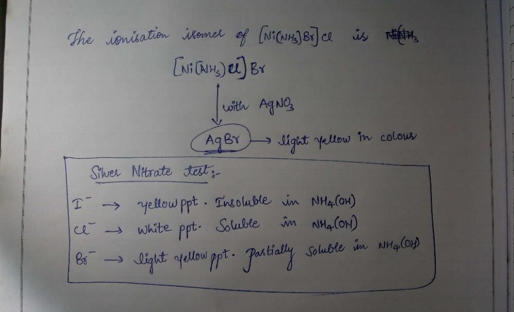 Of the complex [Ni(NH3)Br]Cl ,the ionization isomer will give colour ...