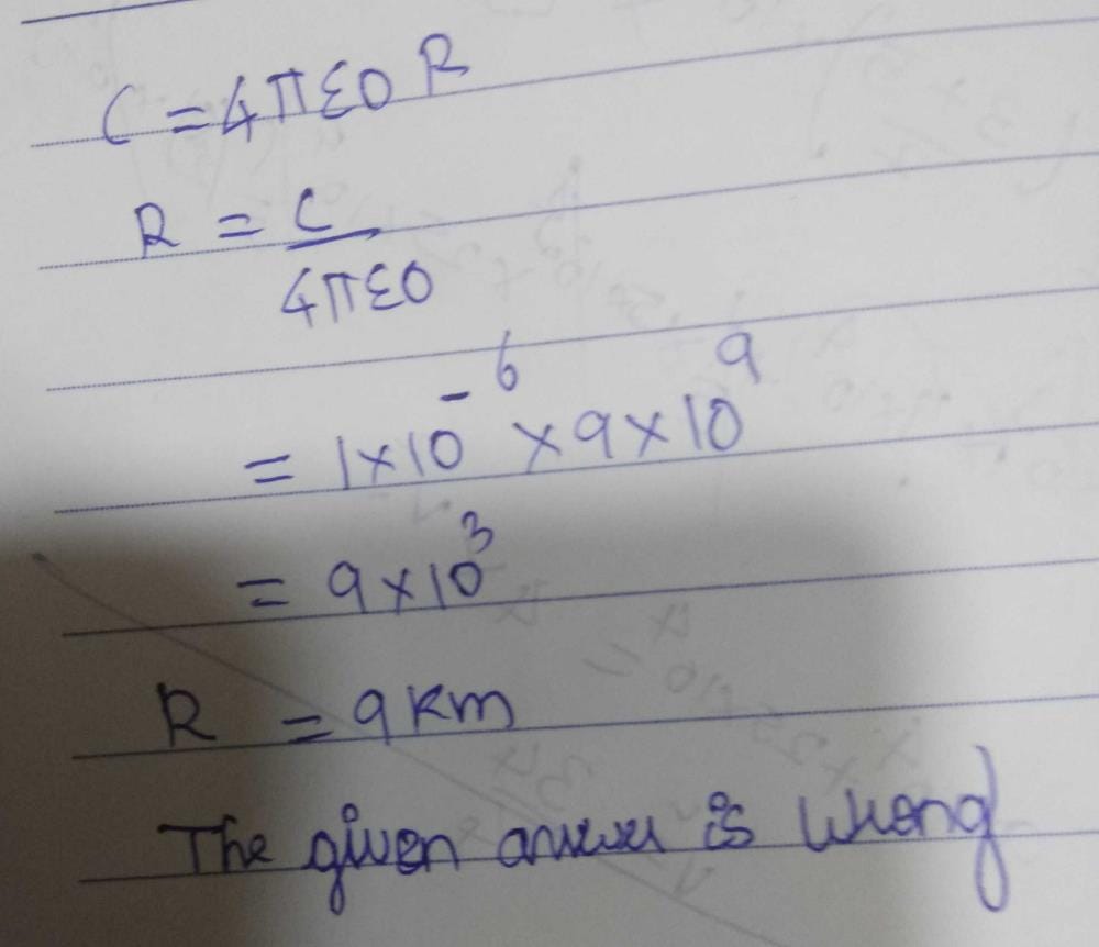 The capacitance of a metallic sphere will be 1mF, if its radius is ...