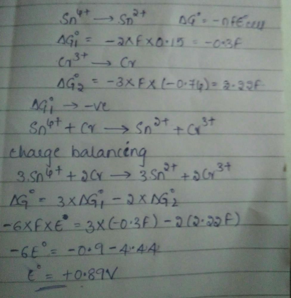 Standard electrode potential for sn4+/sn2+couple is +0.15 V and that for the cr3+/crcouple is ...