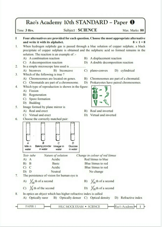 Rao's Academy Science Model paper - 1. - Class 10 PDF Download