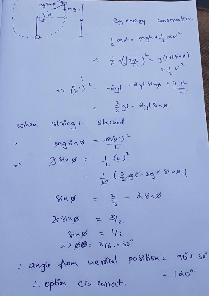 A particle suspended from a fixed point, by a light inextensible thread of length L is projected ...