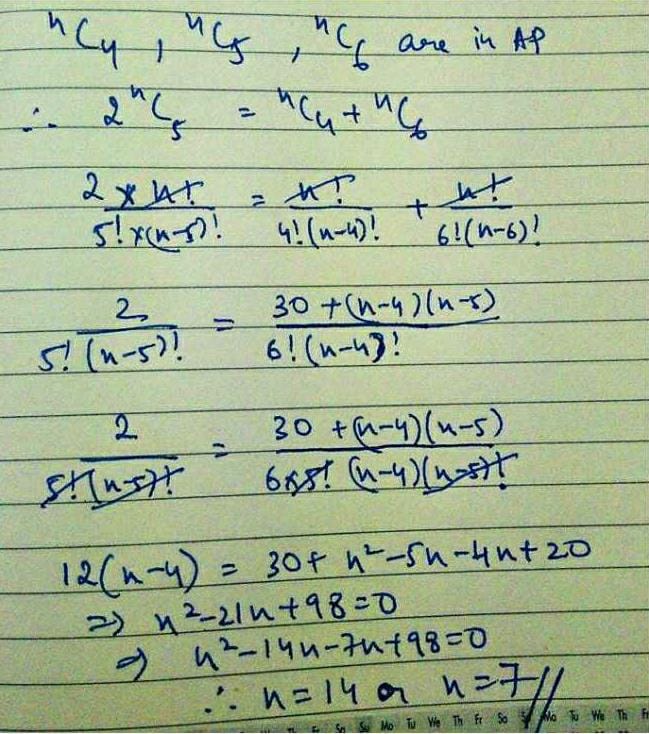 If nC4 , nC5 and nC6 are in A.P., then n isa)7 or 14b)7c)14d)14 or ...