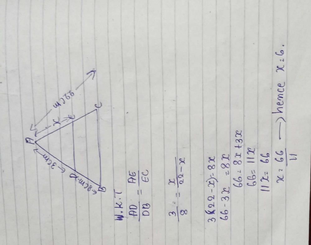 In triangle ABC ,DE -- BC AD=3 cm, DB=8 cm AC=22 cm. At what distance from A does the line DE ...
