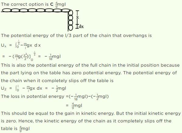 A uniform chain of length l and mass m over hangs from smooth table so ...