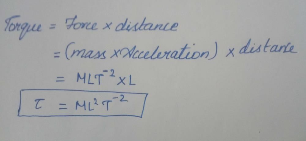 The Dimensional Formula Of Torque Is [1989]a [ml2tandndash 2]b