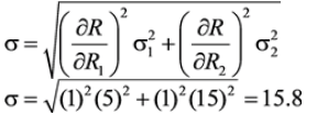 Two resistances 100 Ω ± 5 Ω and 150 Ω ± 15 Ω are connected in series ...