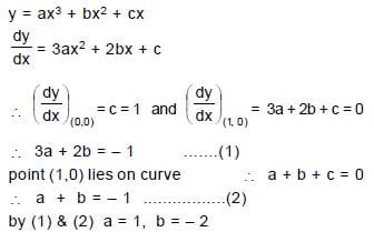 The curve y = ax3 + bx2 + cx is inclined by 45andordm; to x-axis at origin and it touches x-axis ...